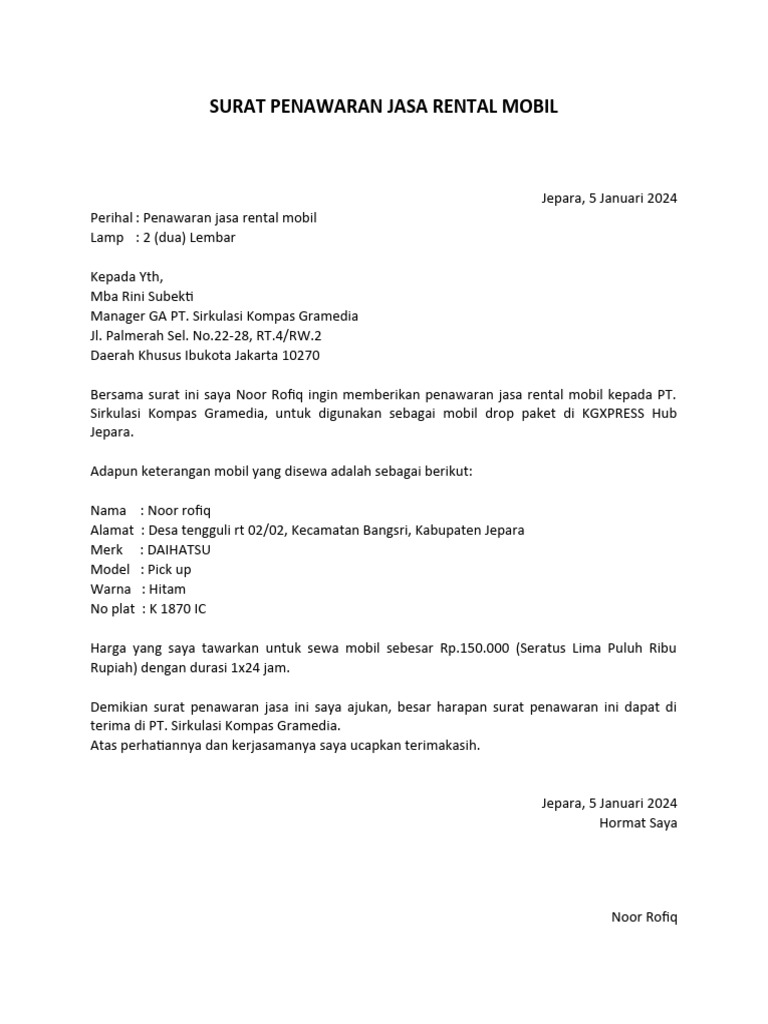 SURAT PENGAJUAN PENAWARAN SEWA MOBIL 25 Januari | PDF