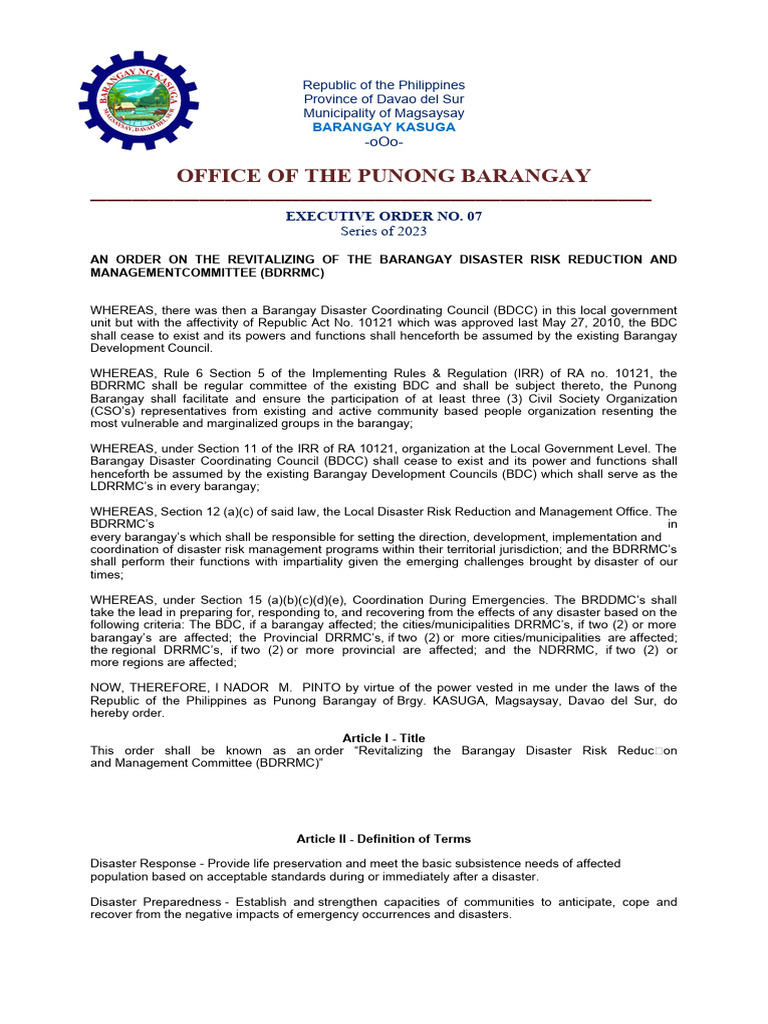 Bdrrm-Executive Order-2023 | PDF | Emergency Management | Emergency