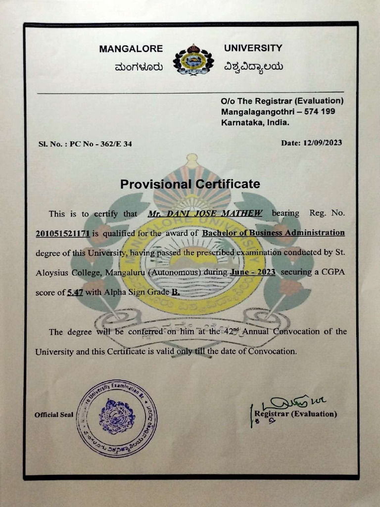 Mangalore University Provisional Certificate | PDF | Higher Education ...
