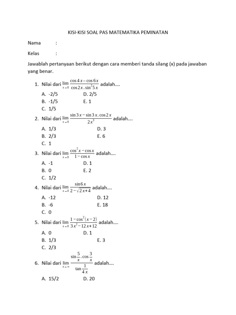 Kisi Kisi Pas Matematika Peminatan | PDF