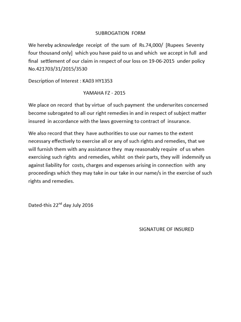 Subrogation Form | PDF