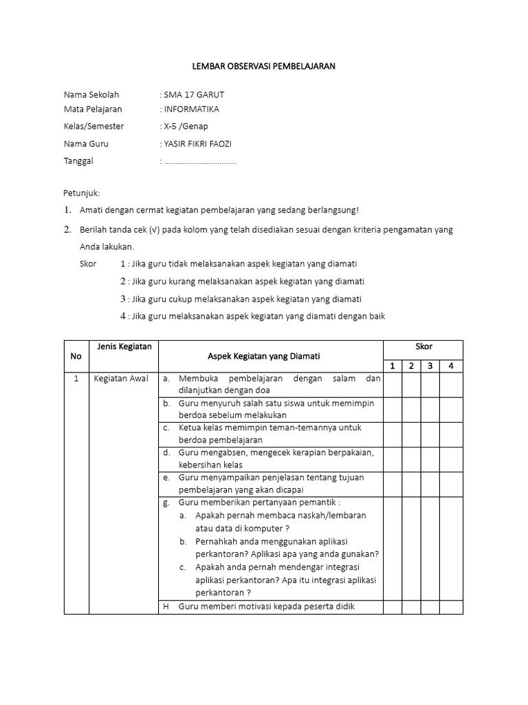 Lembar Observasi Pembelajaran | PDF | Karier & Perkembangan | Seni