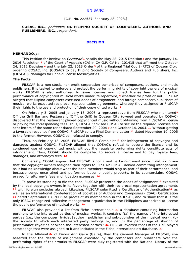 COSAC v. FILSCAP | PDF | Copyright | Lawsuit