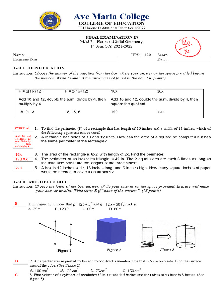 1 Plane and Solid Geometry Answer Key | PDF | Area | Geometry