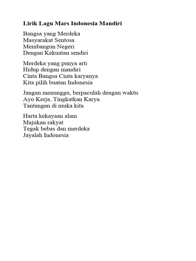 Lirik Lagu Mars Indonesia Mandiri | PDF Lirik Lagu Mars Indonesia Mandiri | PDF