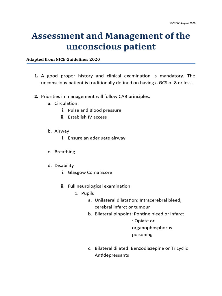 Assessment and Management of The Unconscious Patient | PDF | Stroke ...