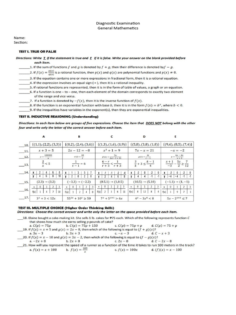Diagnostic Test Gen Math | PDF