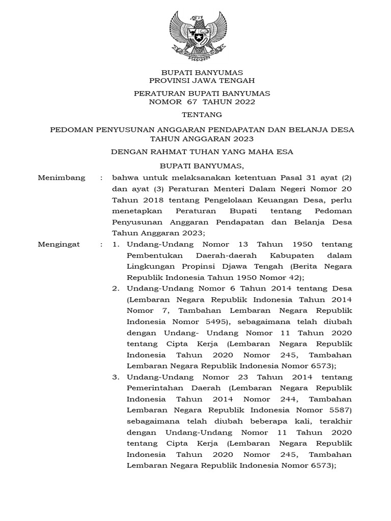 PERBUP 67 Tahun 2022 PEDOMAN PENYUSUNAN APBDES 2023 | PDF