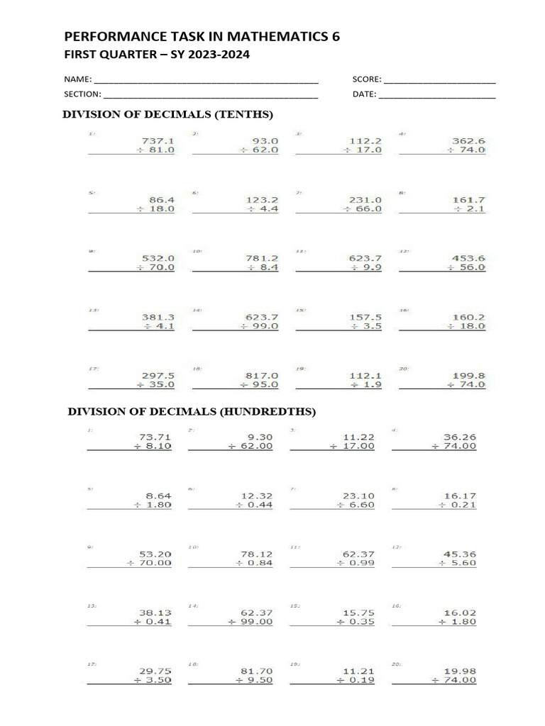 Performance Task Division of Decimals | PDF