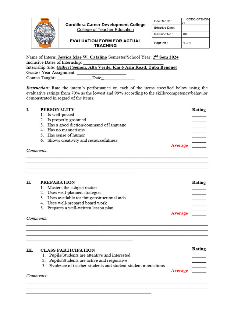 CCDC CTE Quality Form of Evaluation Form For Actual Teaching 1 | PDF ...