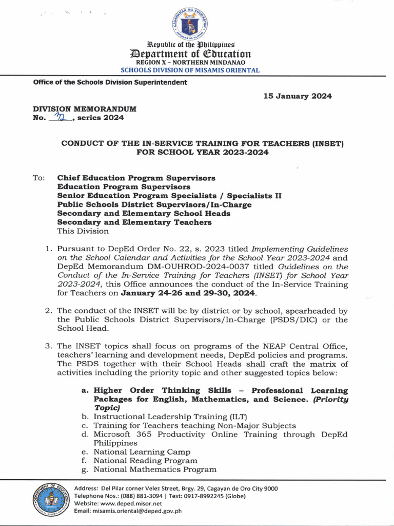 DM 032 S 2024 Conduct of The In-Service Training For Teachers Inset For ...