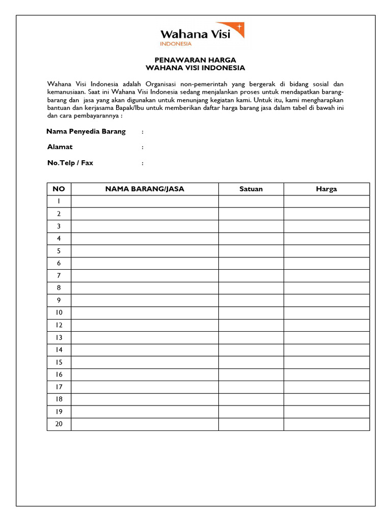 Form Penawaran Harga Wahana Visi | PDF