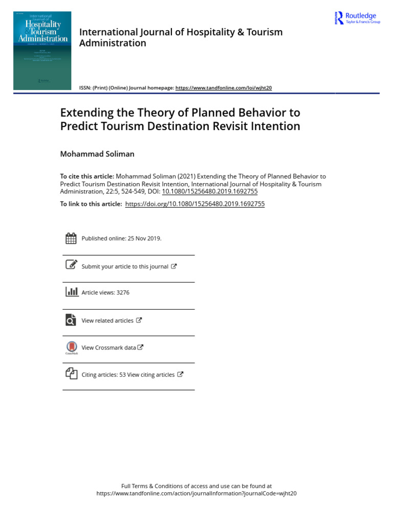 Extending the Theory of Planned Behavior to Predict Tourism Destination Revisit Intention | PDF