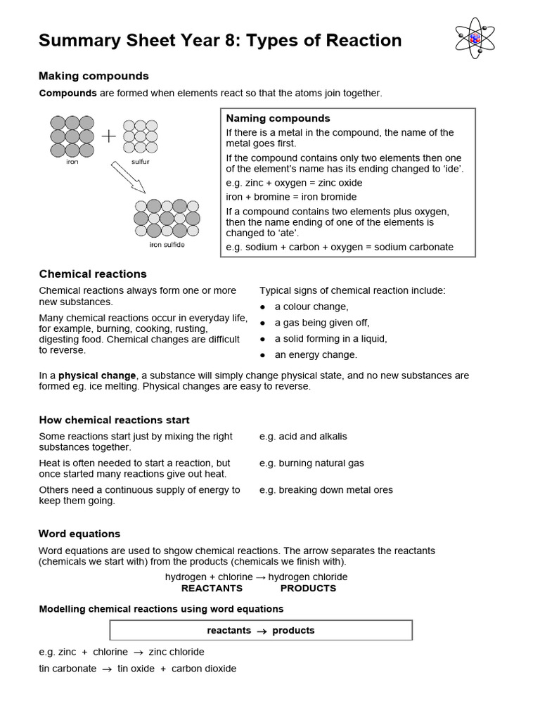 Year 8 Chemical Reactions Overview | PDF | Chemical Reactions | Combustion