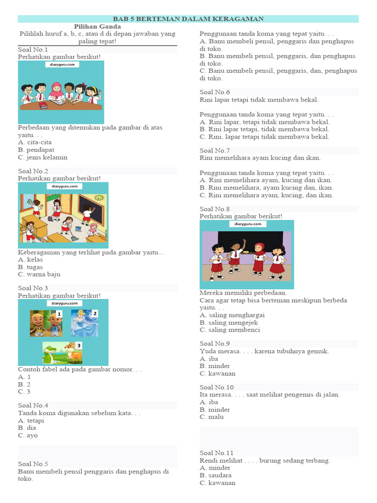 Soal Kelas 2 Bahasa Indonesia Bab 5 Berteman Dalam Keragaman | PDF