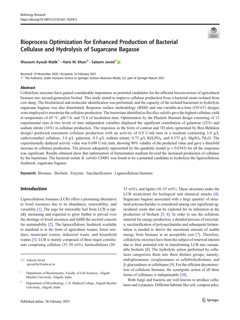Bioprocess Optimization For Enhanced Production of Bacterial Cellulase and Hydrolysis of ...