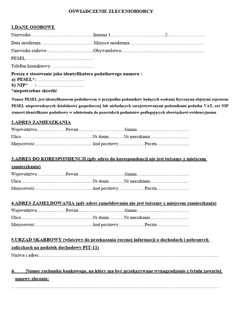 Kwestionariusz Umowa Zlecenie 2022 | PDF