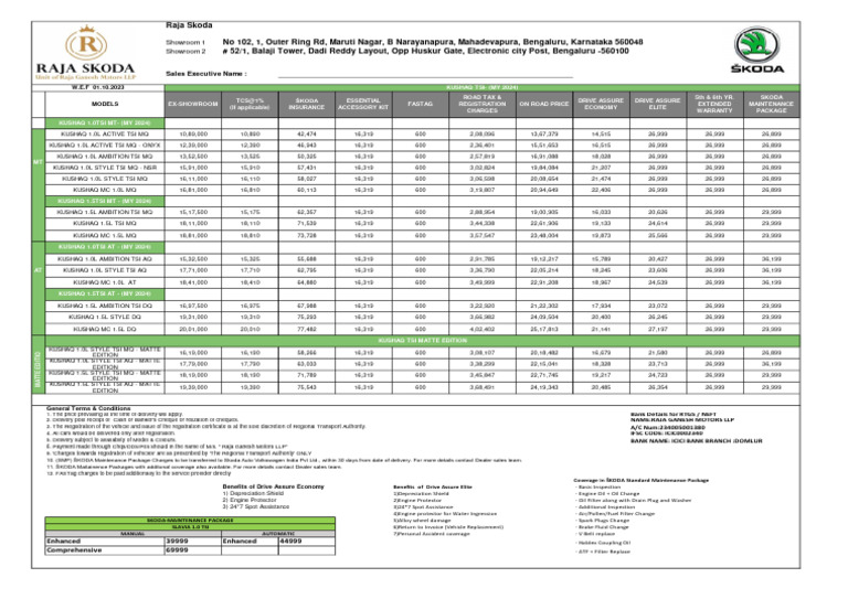 Raja Skoda Kushaq My 24 Price List On 01-10-23 | PDF | Front Wheel ...