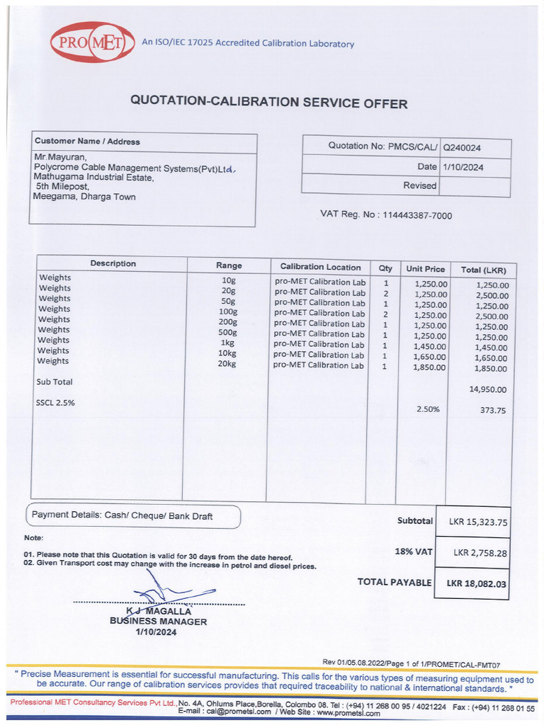 Calibration Quotation - Promet | PDF
