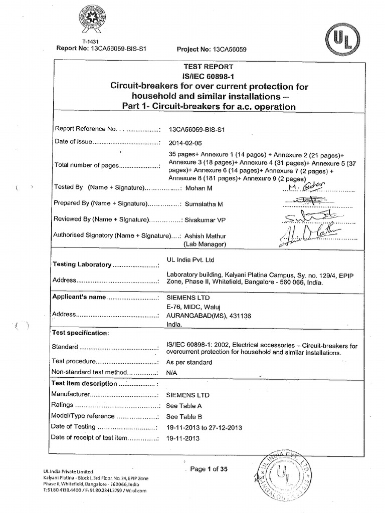 1) Test Report 5SL4 0.5A-8A | PDF