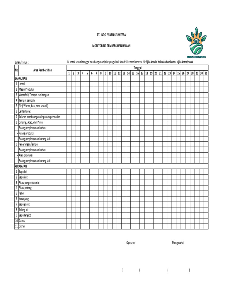Form Checklist Kebersihan Harian | PDF