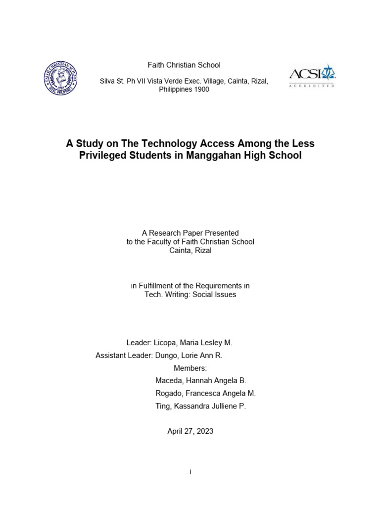 A Study On The Technology Access Among The Less Privileged Students in Manggahan High School ...