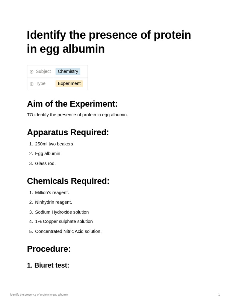 Identify The Presence of Protein in Egg Albumin | PDF | Experiment | Chemical Compounds