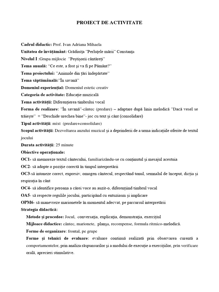 Proiect Didactic Ed Muzicala 10.11.2022 | PDF