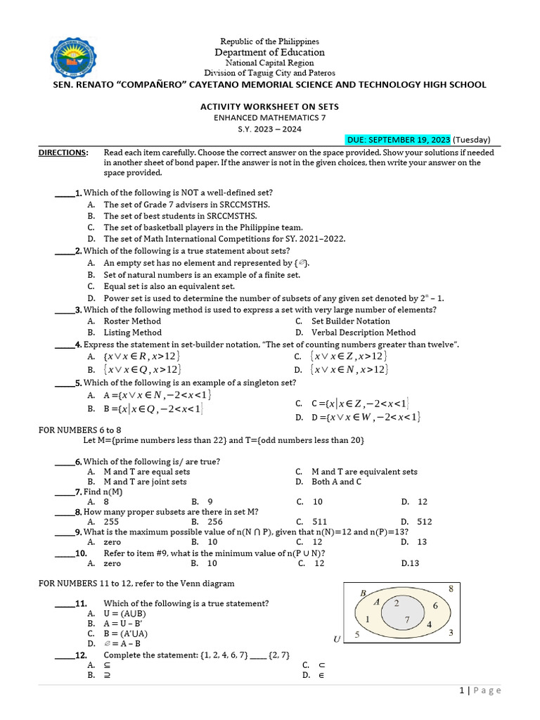G7 1Q SETS Activity-Worksheet | PDF | Set (Mathematics) | Mathematical Objects