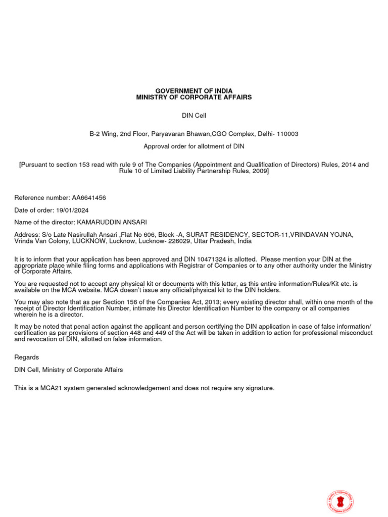 DIR-3 Approval Order For Allotment of DIN 19 Jan 2024 PDF | PDF | Business