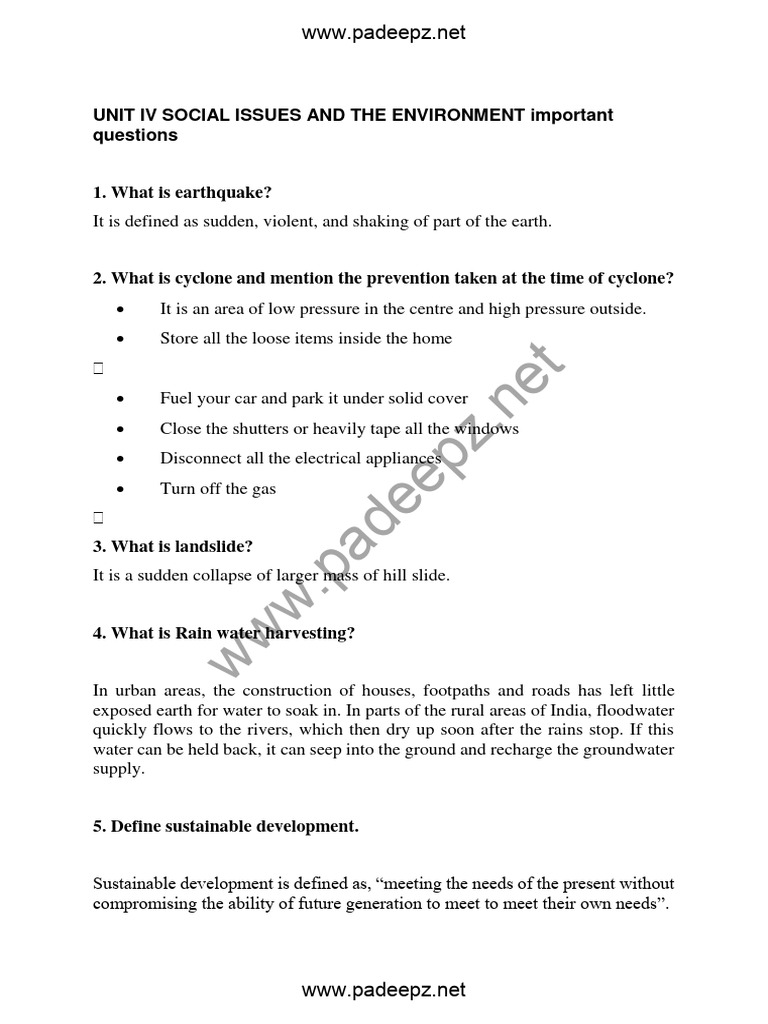 Unit IV Social Issues and The Environment Important Questions | PDF ...