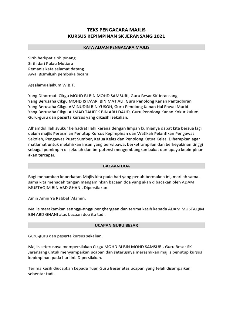 Teks Pengacara Majlis Kursus Kepimpinan 2o21 | PDF