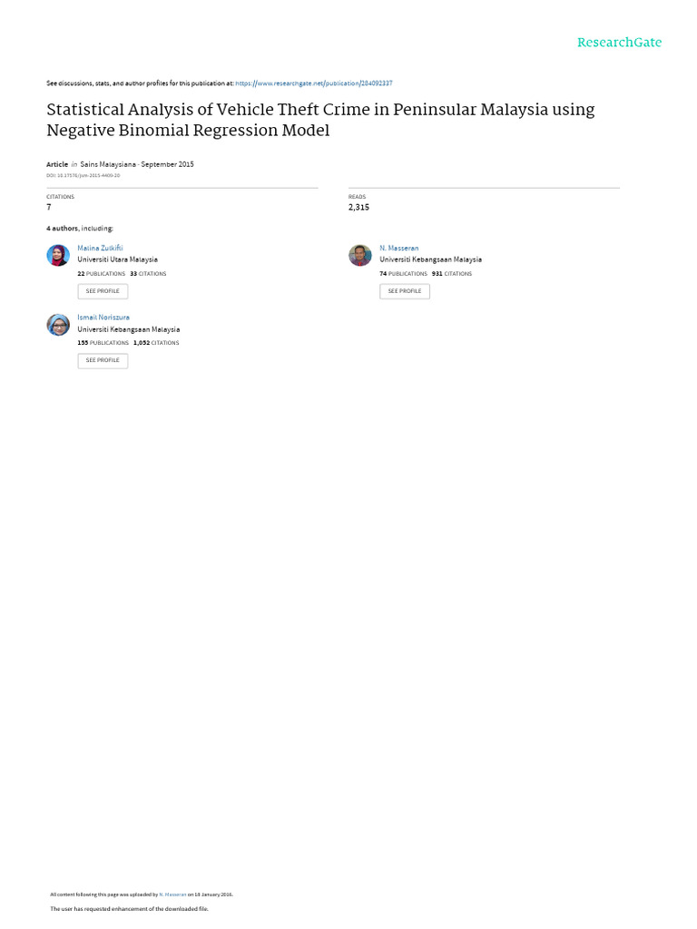 Statistical Analysis of Vehicle Theft Crime in Pen | PDF