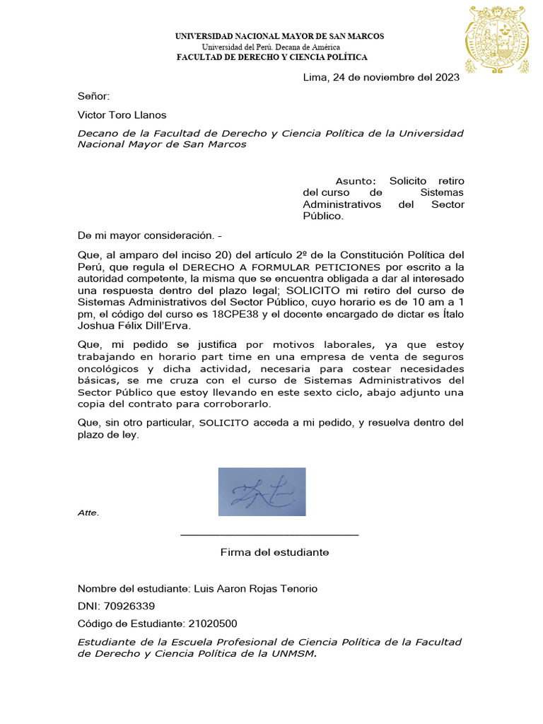 Solicitud Al Decano de La Unmsm | Descargar gratis PDF | Derecho ...