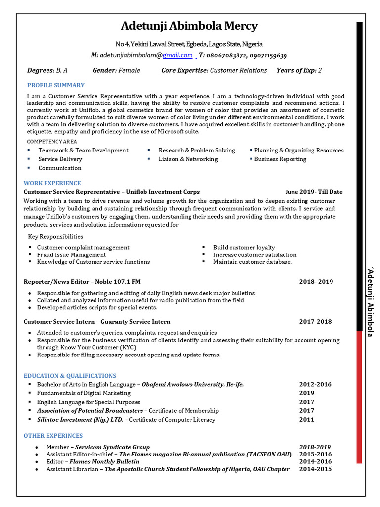 CV - Adetunji Abimbola Mercy | PDF | Customer Relationship Management ...