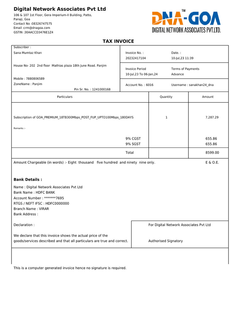 Invoice Dna Goa | PDF
