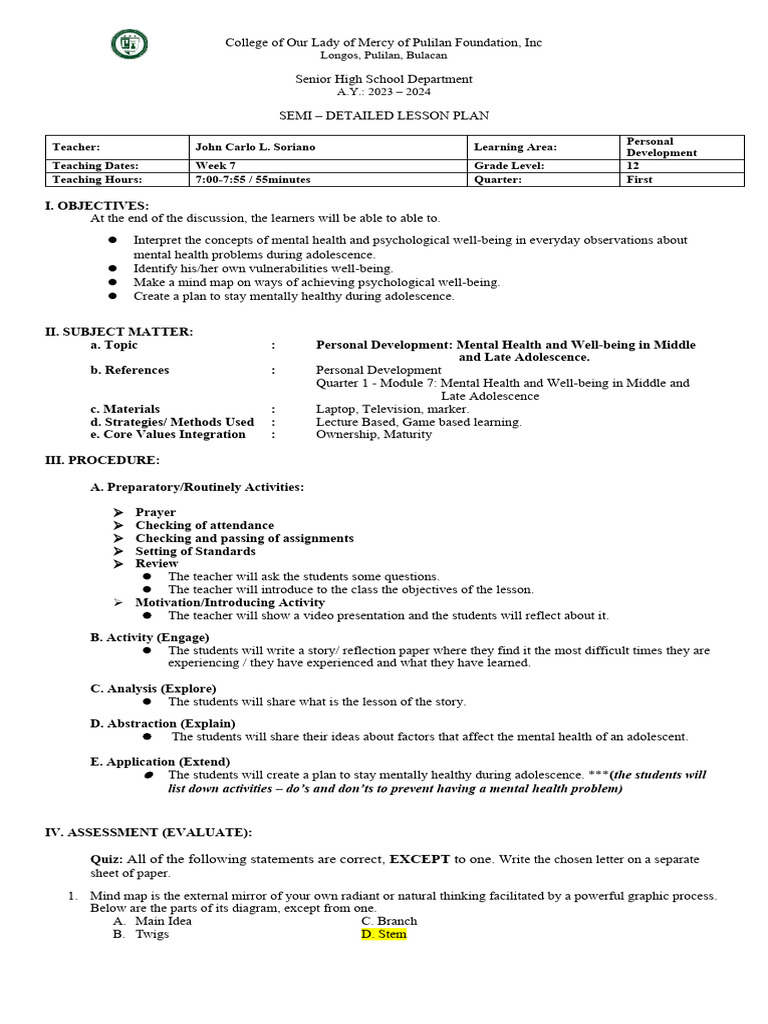 Sdlp-Week 7 John Carlo Soriano | PDF | Mental Disorder | Thought