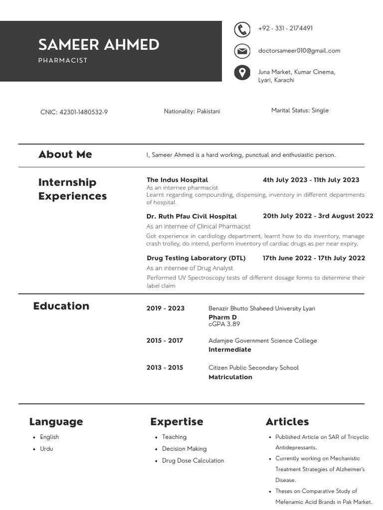 Sameer Ahmed Resume | PDF | Pharmacology | Health Sciences
