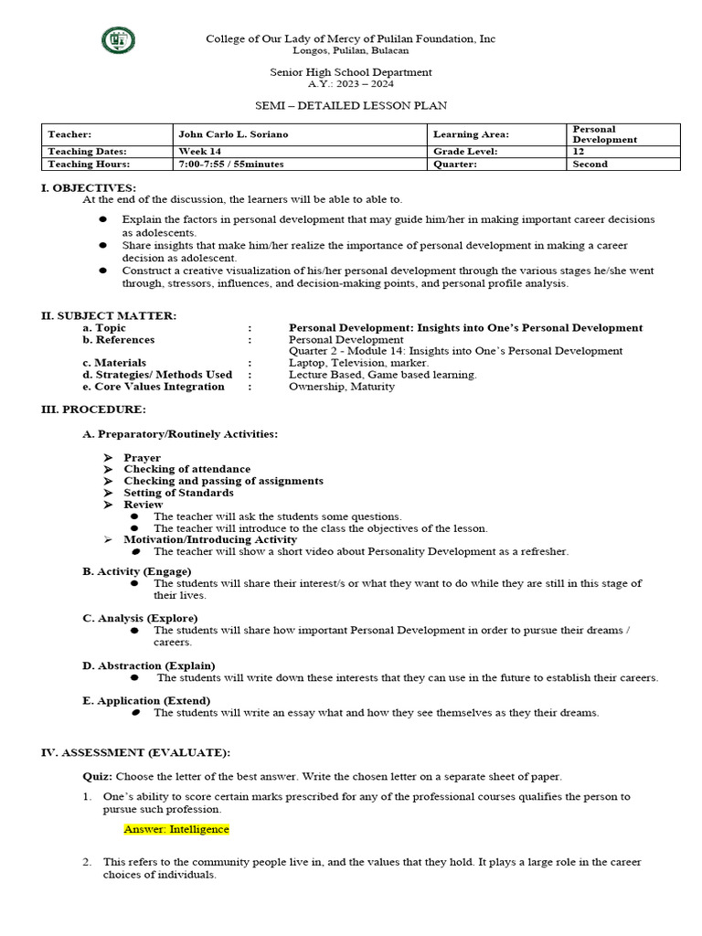 SDLP Week 14 John Carlo Soriano | PDF | Lesson Plan | Teachers