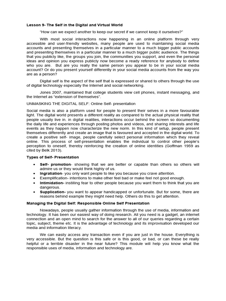 Lesson 9 The Self in The Digital and Virtual World | PDF | Social Media ...