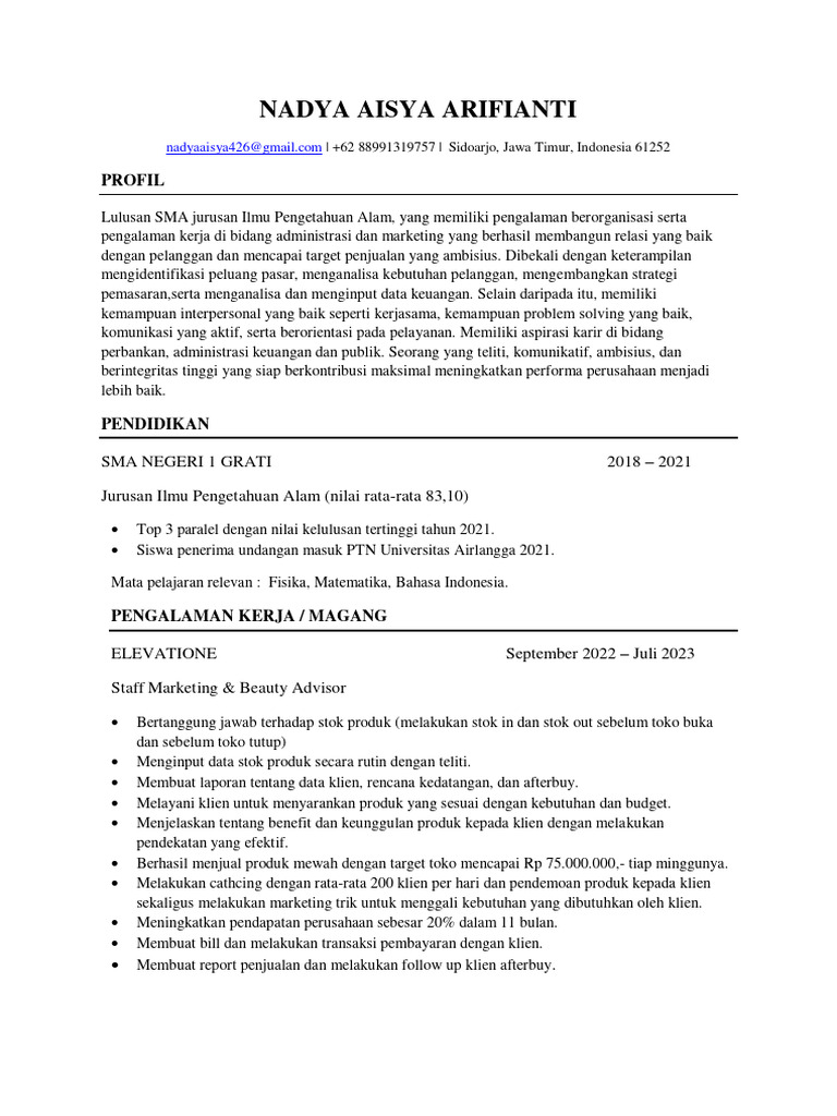 CV - Nadya Aisya Arifianti | PDF
