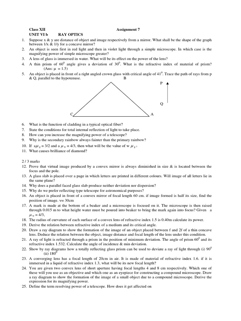 CBSE Class 12 Physics Worksheet | PDF | Refractive Index | Optics