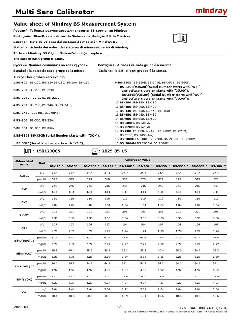 150123005-1501 Multi Sera Calibrator | PDF | Lactate Dehydrogenase ...