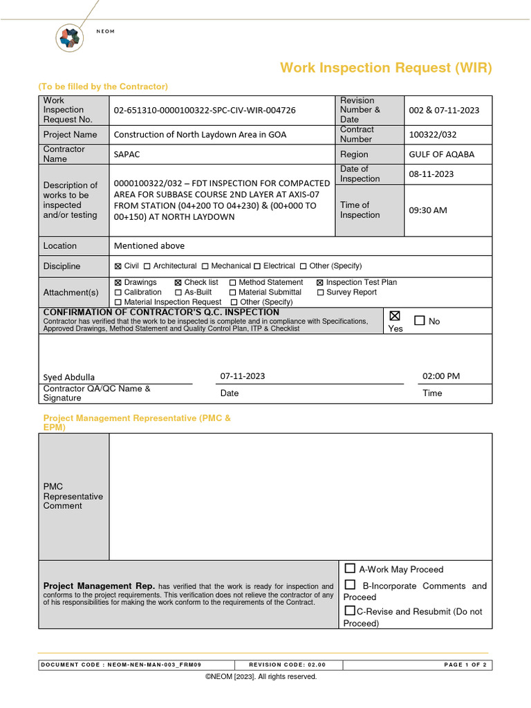Work Inspection Request for NEOM Project | PDF | Quality | Systems Engineering