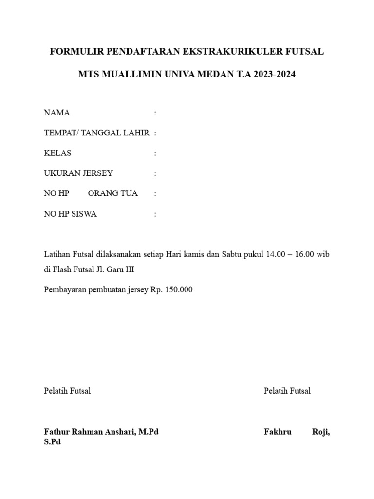 Formulir Pendaftaran Ekstrakurikuler Futsal | PDF