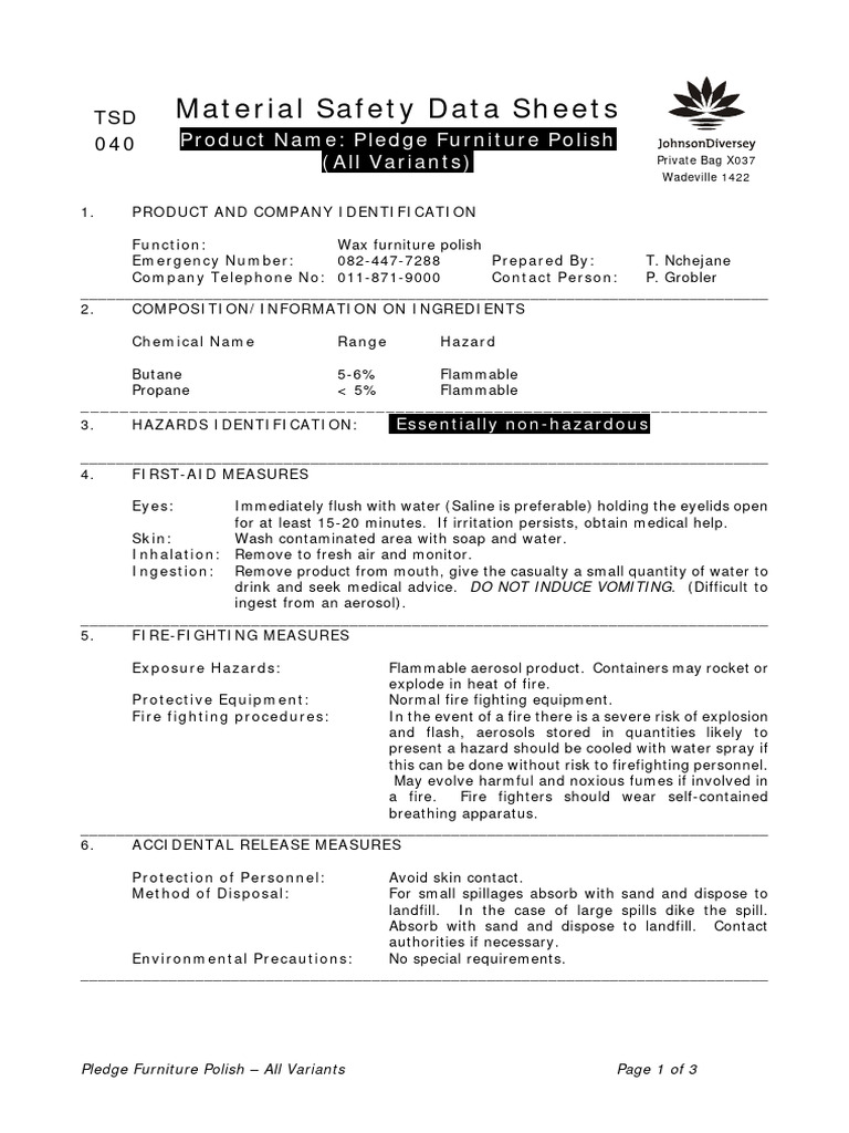 MSDS Furniture Polish Spray (PLEDGE) | PDF | Physical Sciences | Labor Relations