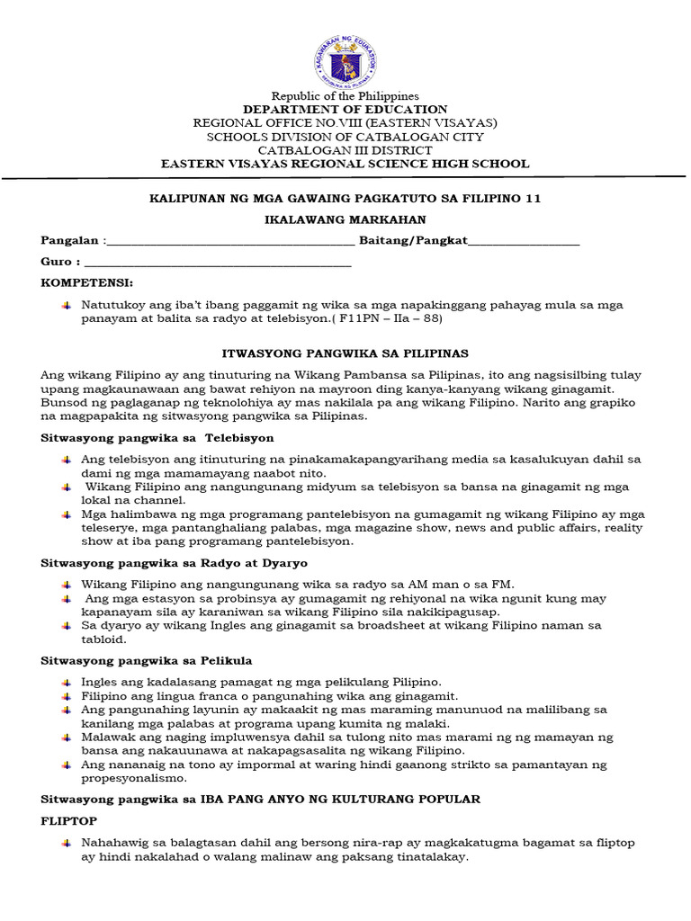 Mga Sitwasyong Pangwika-Aktibiti-Kompan 11 | PDF