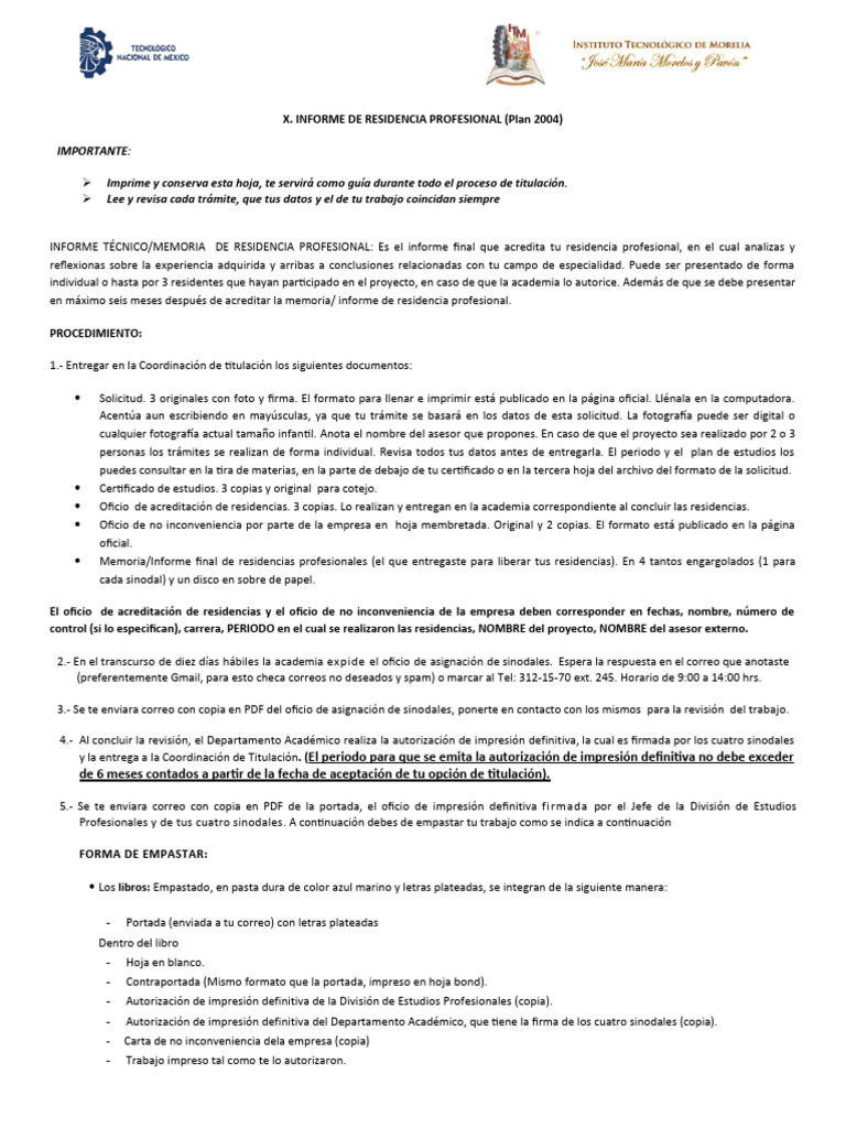 X. INFORME DE RESIDENCIA PROFESIONAL Plan 2004 | PDF | Ingeniería ...