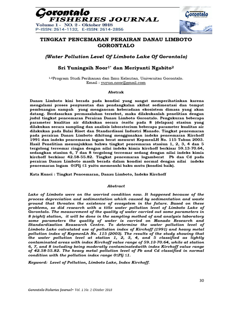 Tingkat Pencemaran Perairan Danau Limbot | PDF