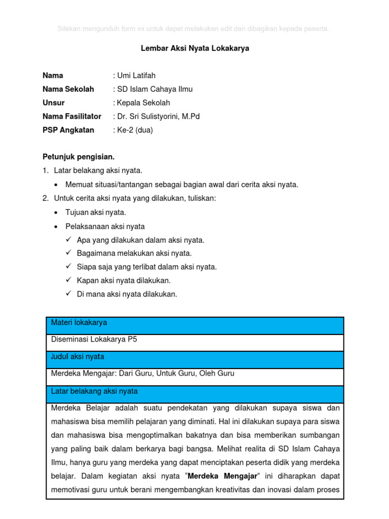 Lembar Aksi Nyata Lokakarya - CI Umi Latifah | PDF